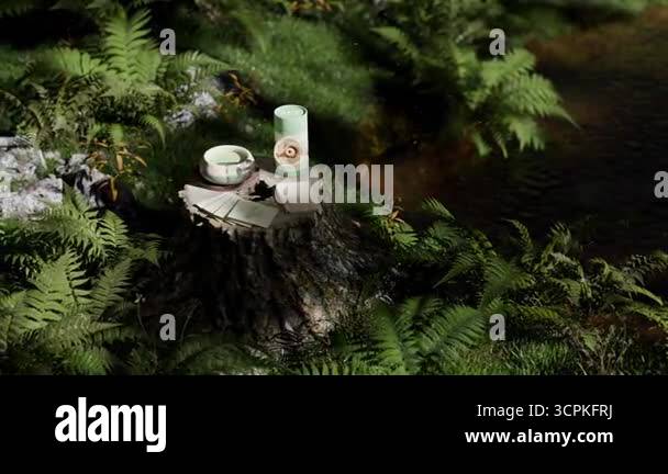 3D animation of matcha tea products with cup, box, and pouring scene ...