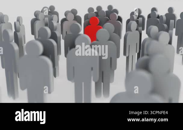 A 3D animation of a crowd of abstract human figures. The central figure ...