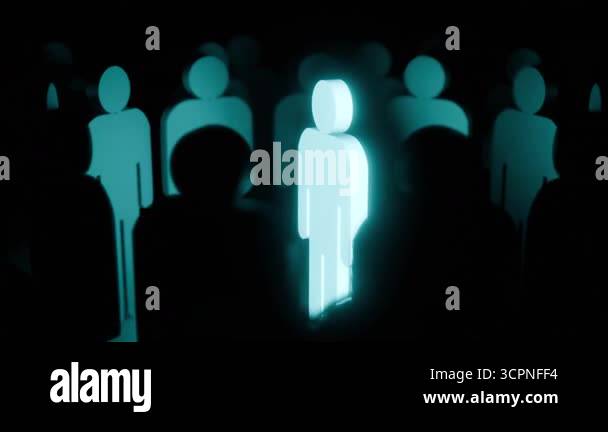 A 3D animation of a crowd of abstract human figures. The central figure ...