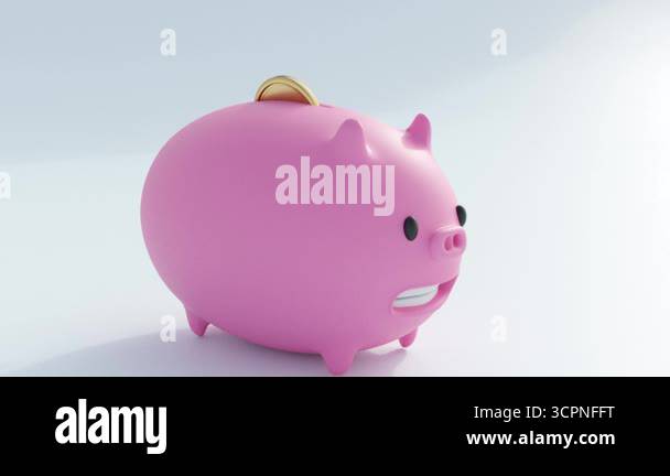 A 3D animation of a plump, bright pink piggy bank with large, shiny ...