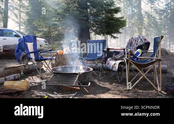 Warm fire lights comes from soft burning camp fire in metal fire ring ...