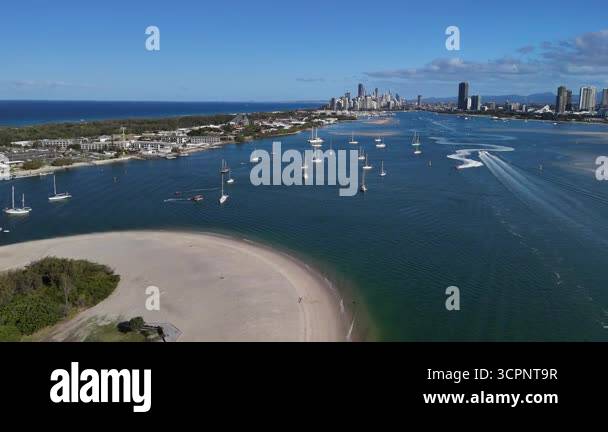 4K aerial drone footage showing Wave Break Island, golden sandy beaches ...
