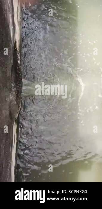 Water flows from concrete outlet into pond creating ripples and bubbles ...