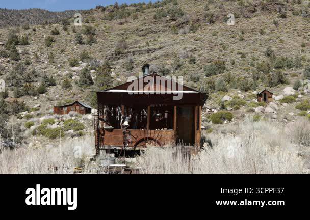 Abandoned wooden cabins in Panamint City ghost town, Death Valley ...