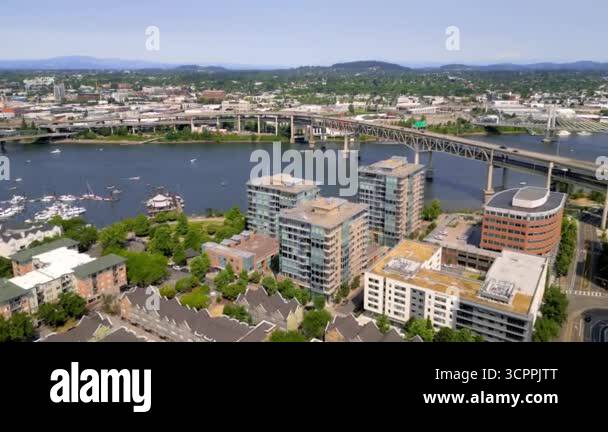 PORTLAND, OREGON - JULY 04, 2023: Aerial view of colorful buildings in ...