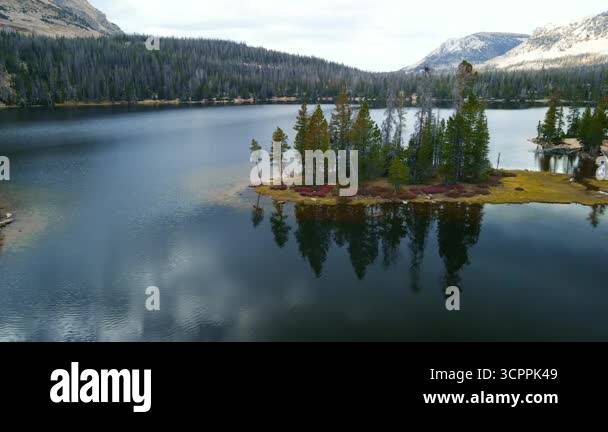 Aerial view of island in scenic Mirror lake in Uinta Wasatch cache ...