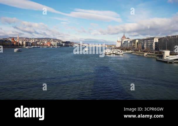 Scenic view of Budapest city and the Danube River with boats and ...
