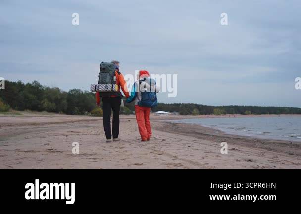 Hiking tourism adventure. Senior couple man woman enjoying outdoor ...