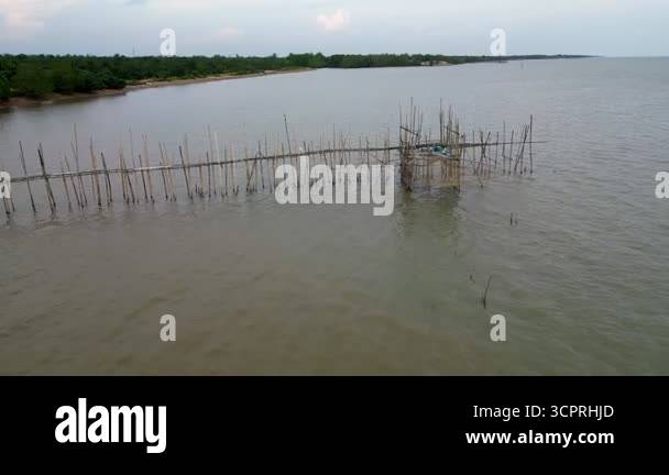 A body of water with a wooden fence on the shore. The water is murky ...
