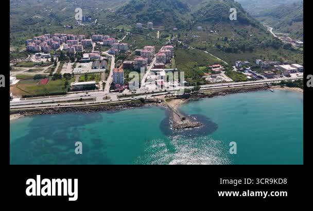 4K aerial view of Arsin Yomra coastline in Trabzon, Turkey. Blue Black ...