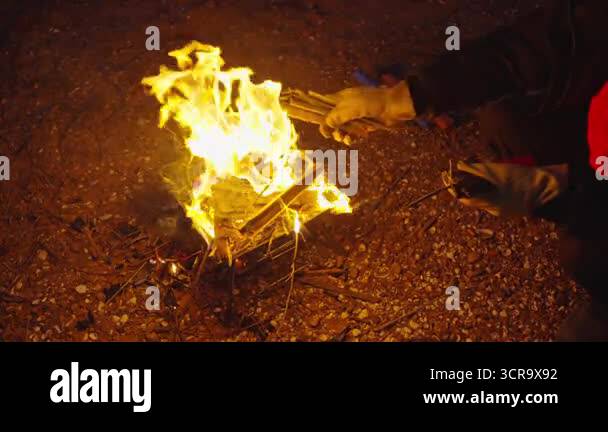man putting wood logs into bonfire Stock Video Footage - Alamy
