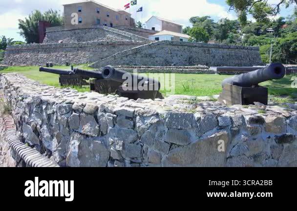 Aerial scene on old fort from the Brazilian imperial period with cannon ...