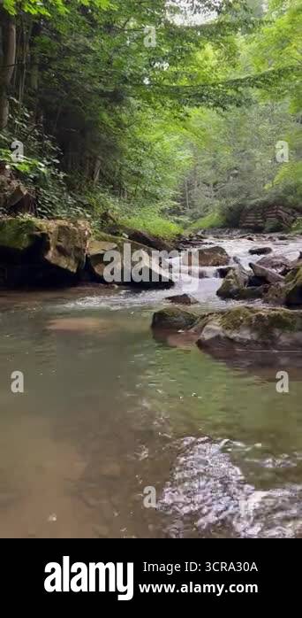 Beautiful mountain river water with stone rapids and splashes ...