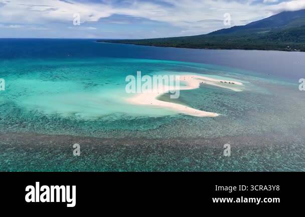 Aerial drone view of White Island, Small sandbar surrounded by tropical ...