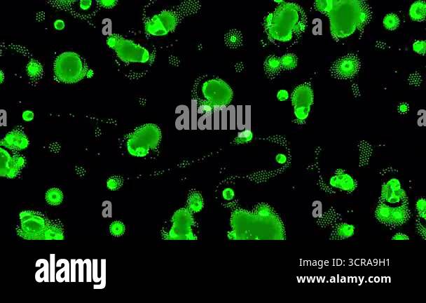 Fluorescent-green bacteria spread and multiply over a transparent background, visualizing ...