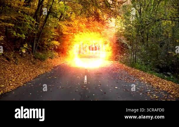 Animated magical portal door opening with light rays under autumn trees ...