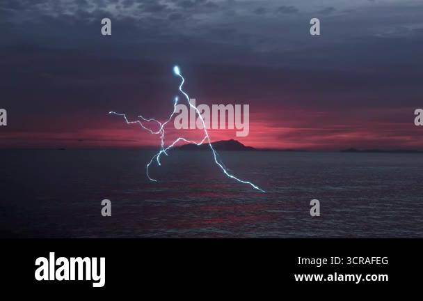 Lightning storm flashing in dramatic red night sky animation Stock ...