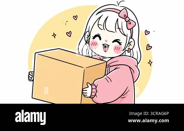 Kawaii doodle girl receiving cute delivery package box Stock Video ...