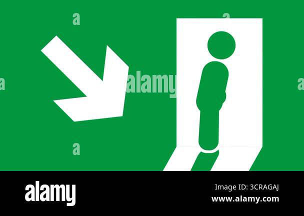 An emergency exit sign with a figure walking rightward with a curved ...