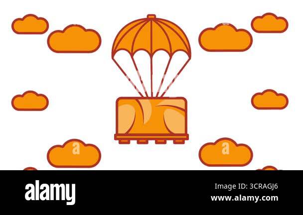An orange parachute carries a large cargo crate through the sky ...