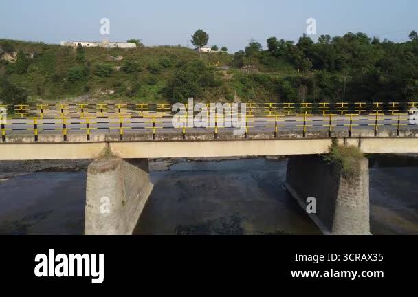 Aerial view of empty bridge built over Jhelum River tributary ...