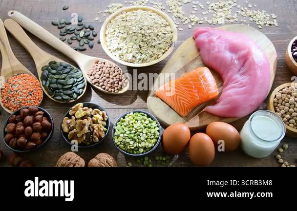 Food products rich in protein. High-protein diet Stock Video Footage ...