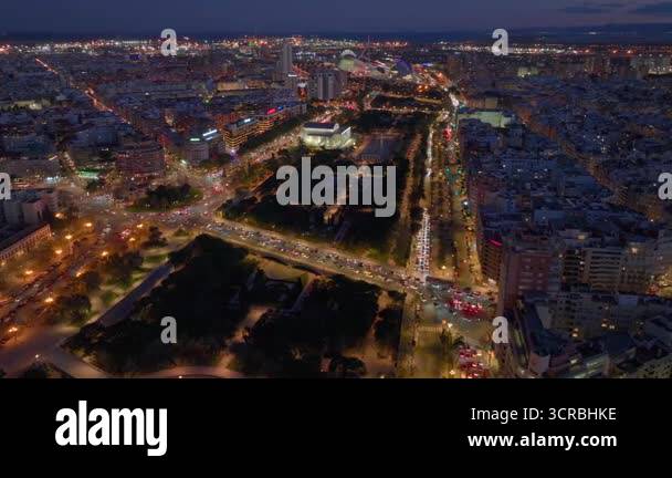 Illuminated Historical city center at night, Valencia, Spain. Aerial ...