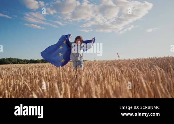 Little Cute Boy With European Union Flag In Field. Happy handsome Child ...