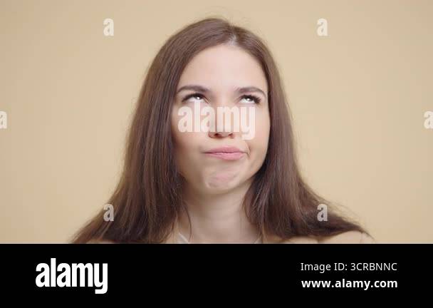 Bored Upset Woman Sighs, Rolling Eyes On beige. Offended Lady, Come On ...