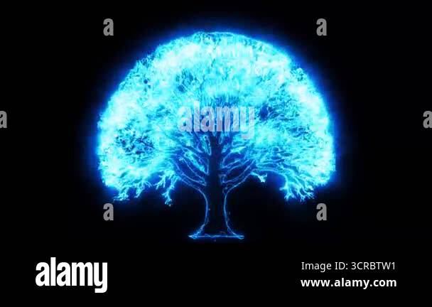 Tree shape with glowing blue lightning energy sparks effect on plain ...
