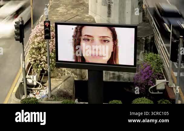 Rush of traffic on highway in bangkok with face scan woman on the video ...