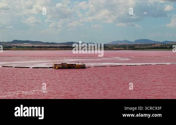 Salt harvesting barge operating on the pink salt lagoons near Santa ...