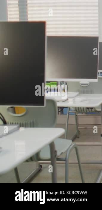 High-Tech School Computer Lab with Furniture and PC Monitors. Classroom ...