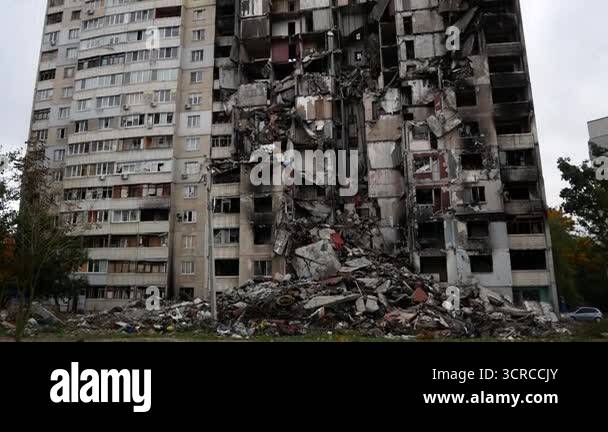 A house destroyed after shelling in a Ukrainian city. Residential buildings hit by shells and ...