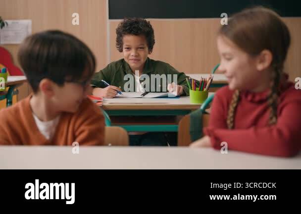 Diversity multiethnic schoolchildren talking in class lesson in school ...