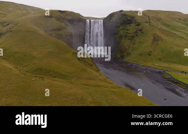 Aerial view of Skogafoss waterfall in Iceland, showing cascading water ...