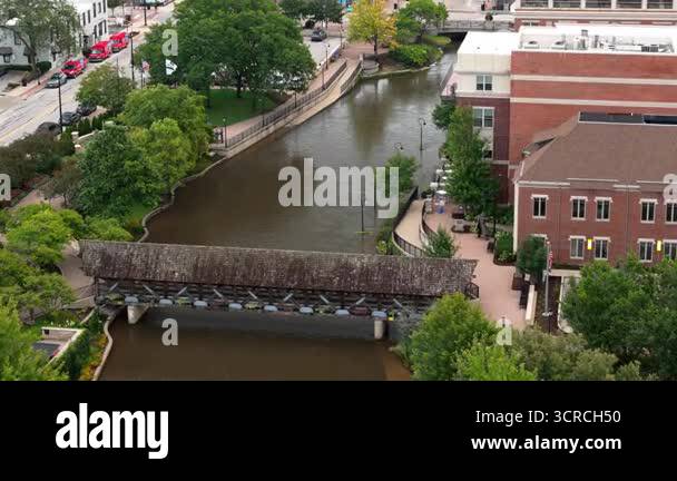Drone view of river at he Naperville town. Water level in the river ...