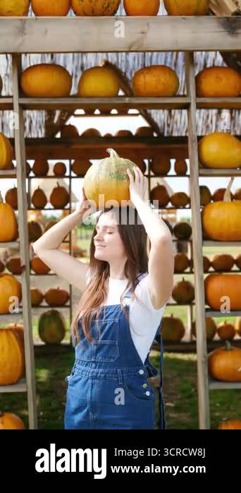 Woman holding pumpkin on head at gourd farm with autumn pumpkins Stock ...