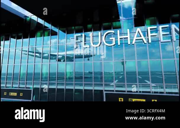 Airlane landing at city, arrival in the city with the glass airport ...