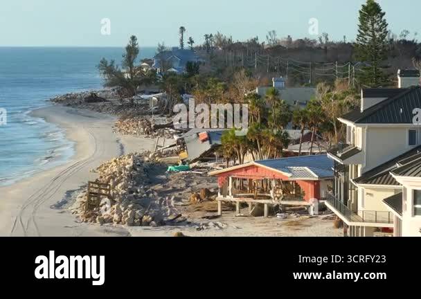 Storm surge severe damage to waterfront houses after hurricane Milton ...