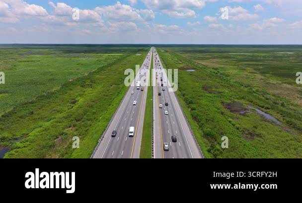 Bright cloudless sky over Florida highway lined with swamp vegetation ...