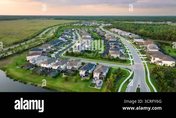 American gated community houses in rural US suburbs. View from above of ...