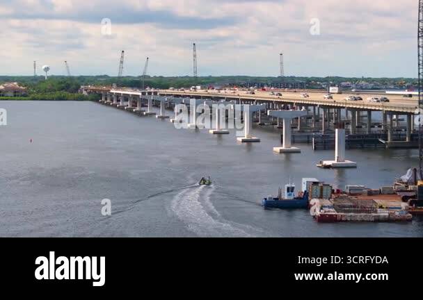 Aerial view of American highway bridge road under construction. Adding ...