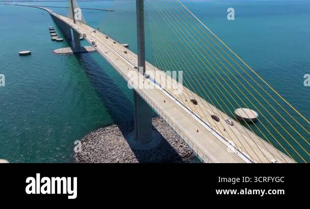 Highway road with driving traffic cars on Sunshine Skyway Bridge over ...
