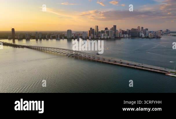 Bridge traffic and Miami Brickell district. Overhead view of urban ...
