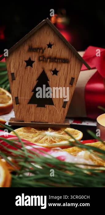 Merry Christmas festive figurines on colorful decoration background ...