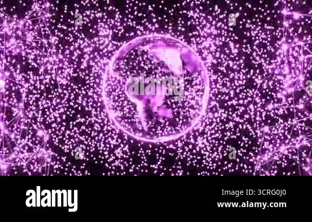 Rotating hologram of Earth against plexus background, seamless looped animation. Shining ...