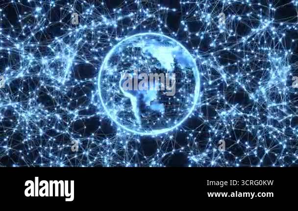 Holographic Earth planet with moving plexus against black background ...