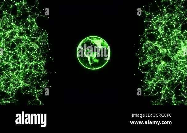 3D Hologram of Earth rotating on black background with connected plexus ...