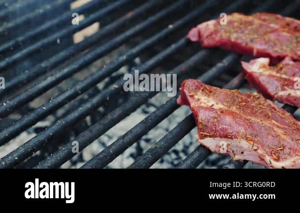 Hand putting fresh meat on grill barbeque, close up of meat. Cooking ...